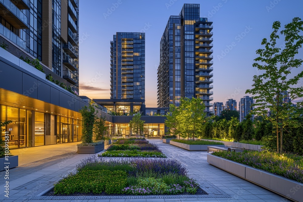 A sleek mixed-use development, modern minimalist design with a ...