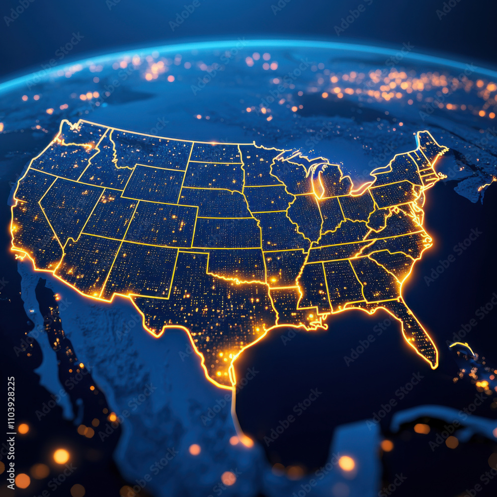 digital map of United States with glowing lights symbolizes industrial ...