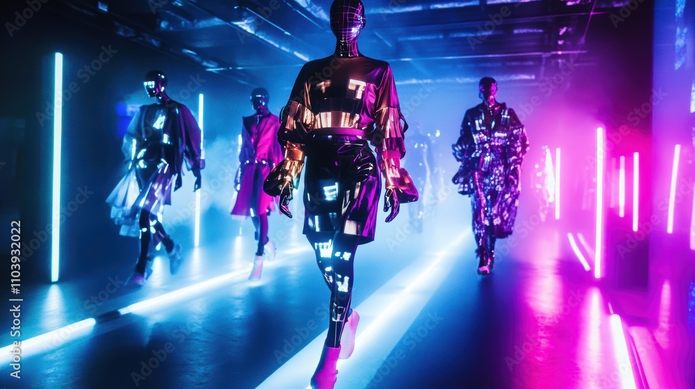 Cyber arena, AI-designed garments with edgy silhouettes are illuminated ...