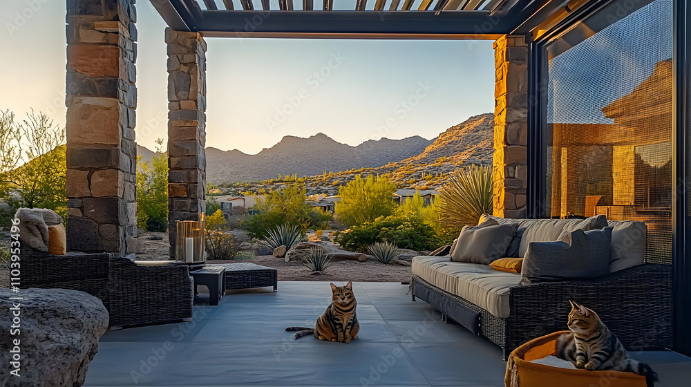 A luxury cat patio underneath a modular roof pergola with screened in ...