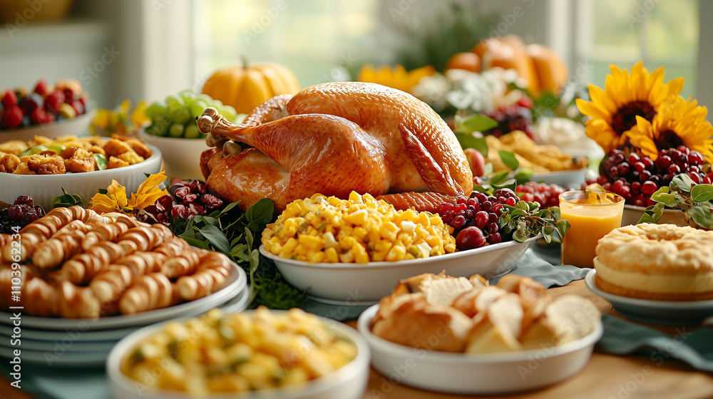 festive Thanksgiving feast spread on large dining table featuring ...