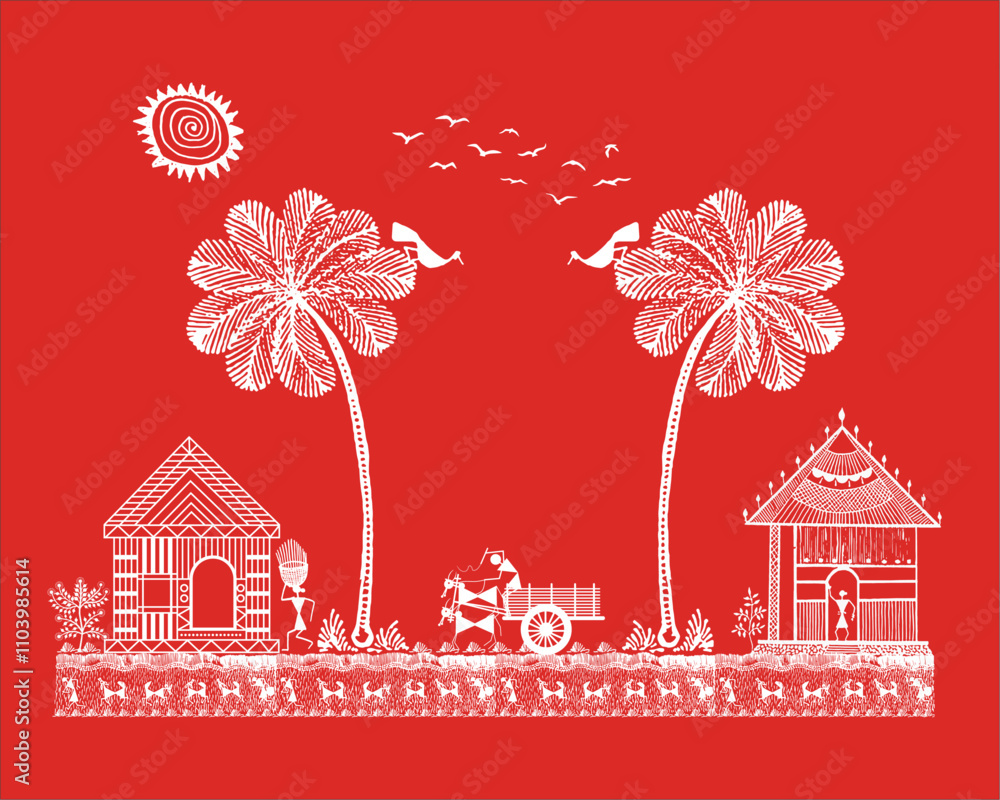 Nature's Embrace: A Joyful Warli Painting of Rural Work and Celebration ...