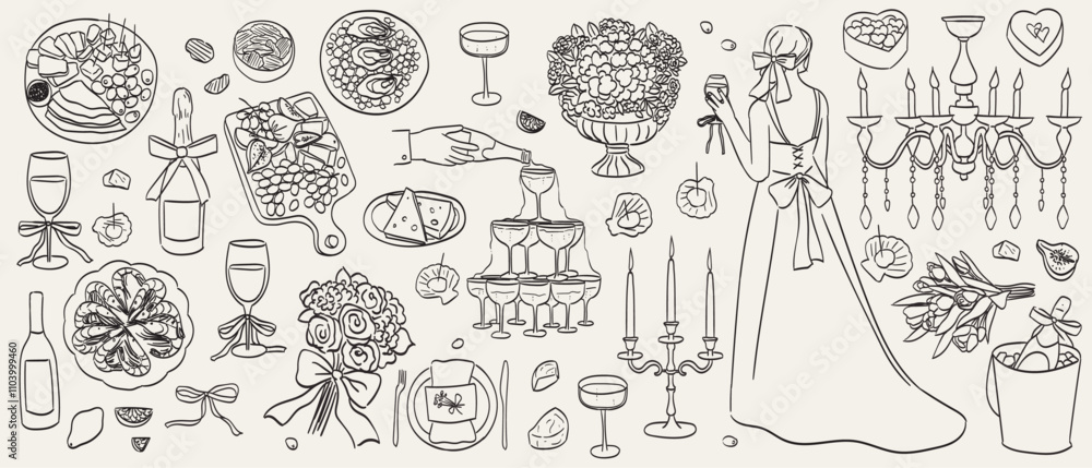 Hand drawn chalk food illustrations. Italian style wedding dinner icons ...