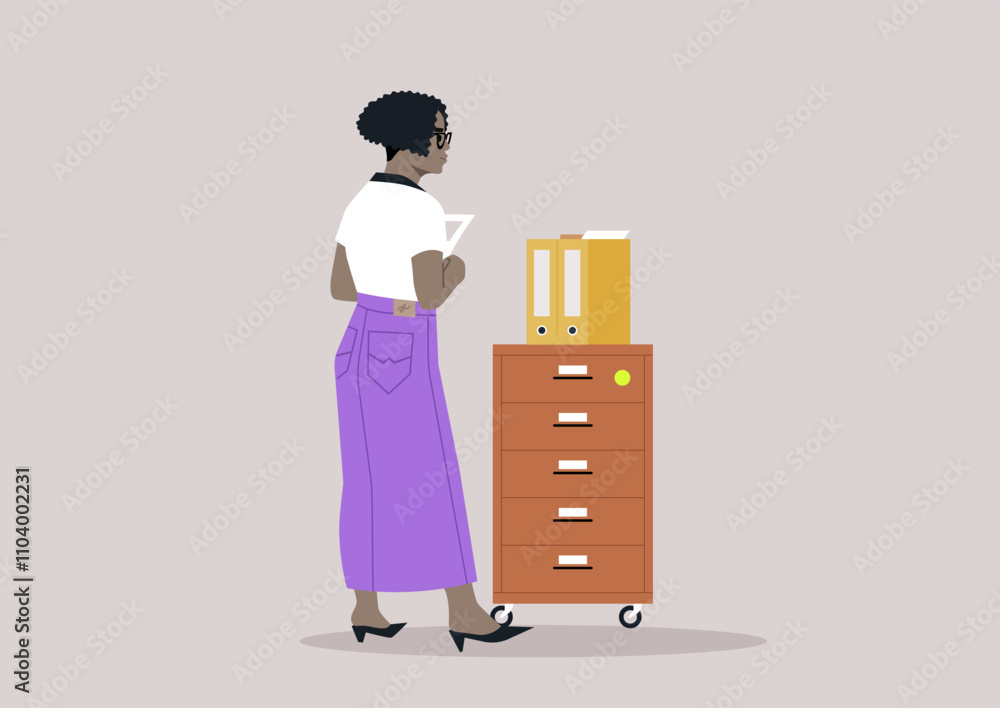 Employee Organizing Files in a Modern Office Setting, A person stands ...