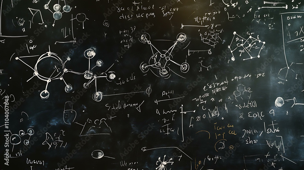 Blackboard background with handwritten chemistry and physics equations ...