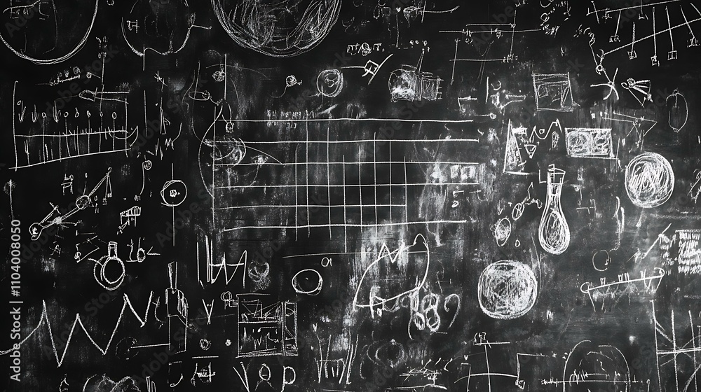 Blackboard background with scientific images, physics formulas, and ...