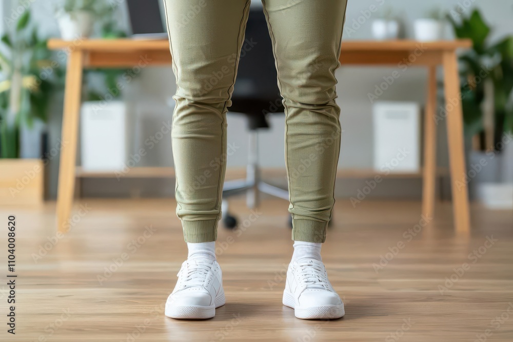 office syndrome concept. A worker standing at their desk, performing ...