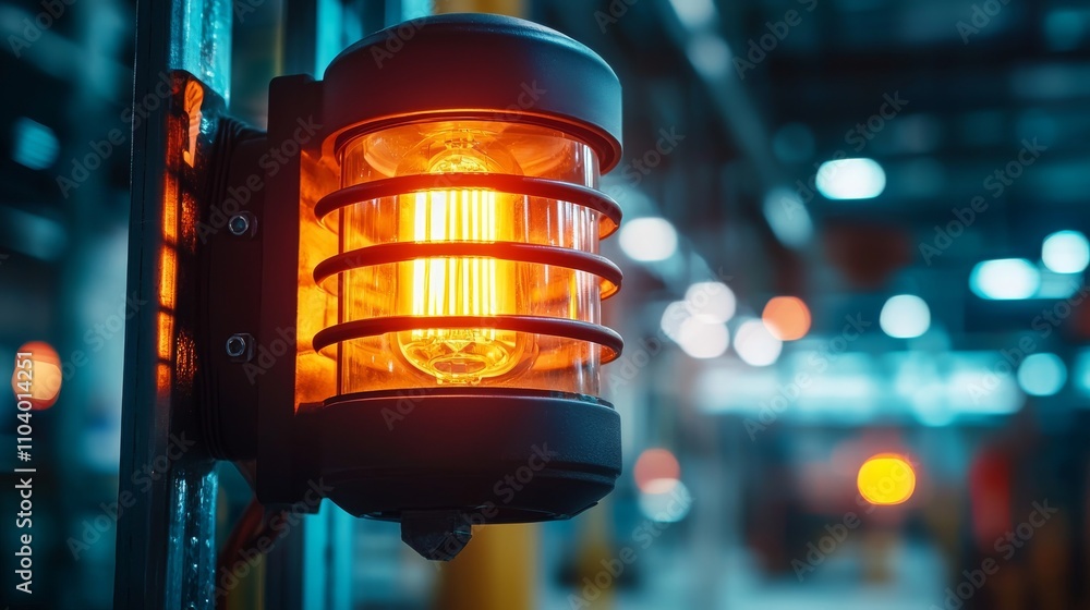 An industrial orange warning light shines brightly in a blurred ...