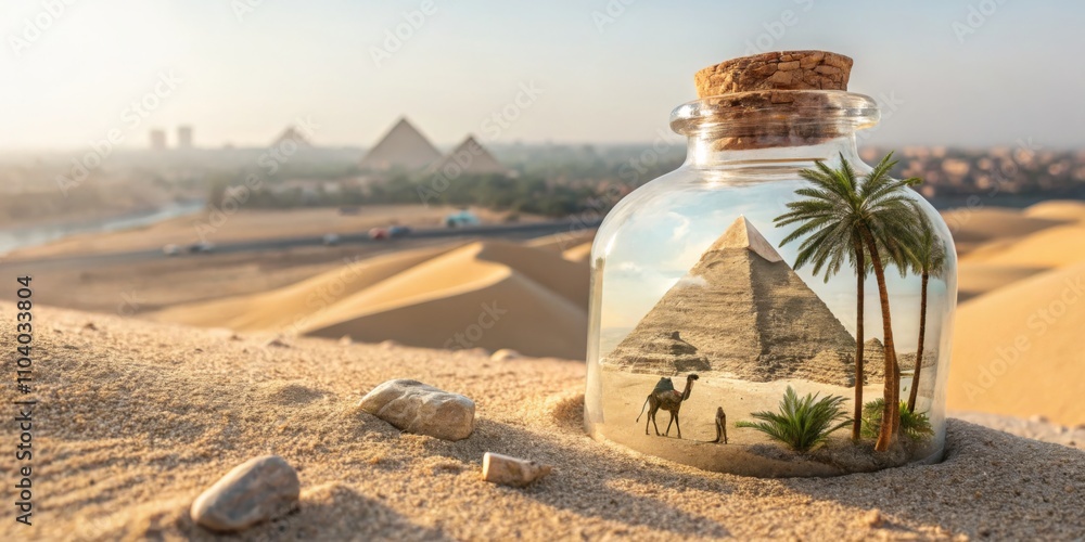 Captivating desert landscape with pyramids and a miniature scene in a ...