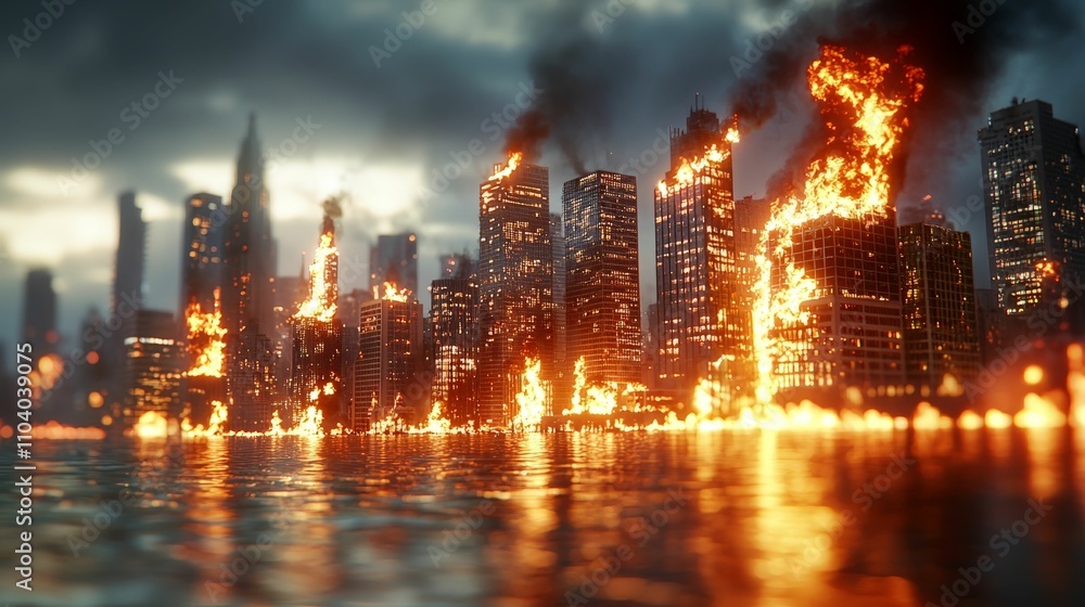 dystopia society concept. A dramatic scene of a city engulfed in flames, with smoke billowing ...
