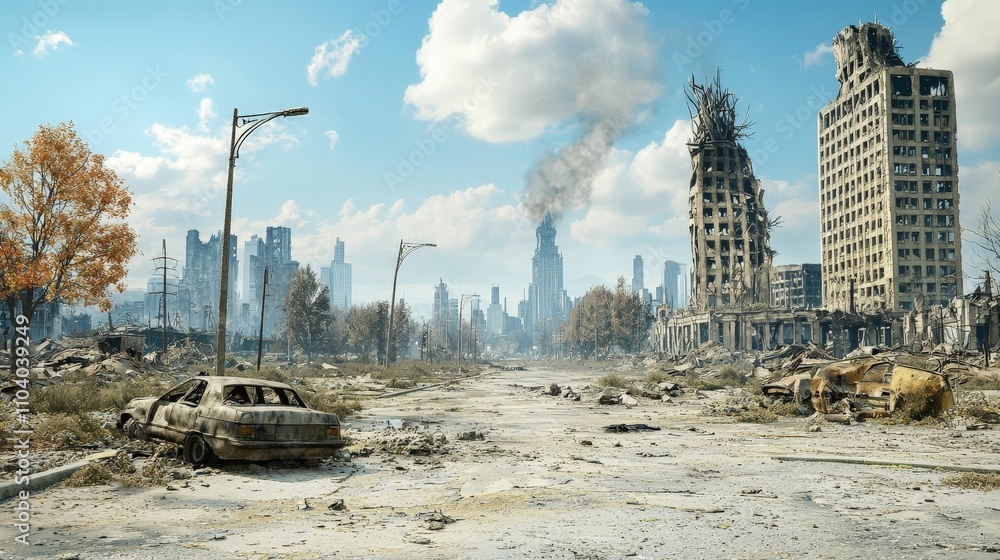 dystopia society concept. A desolate landscape featuring ruined ...