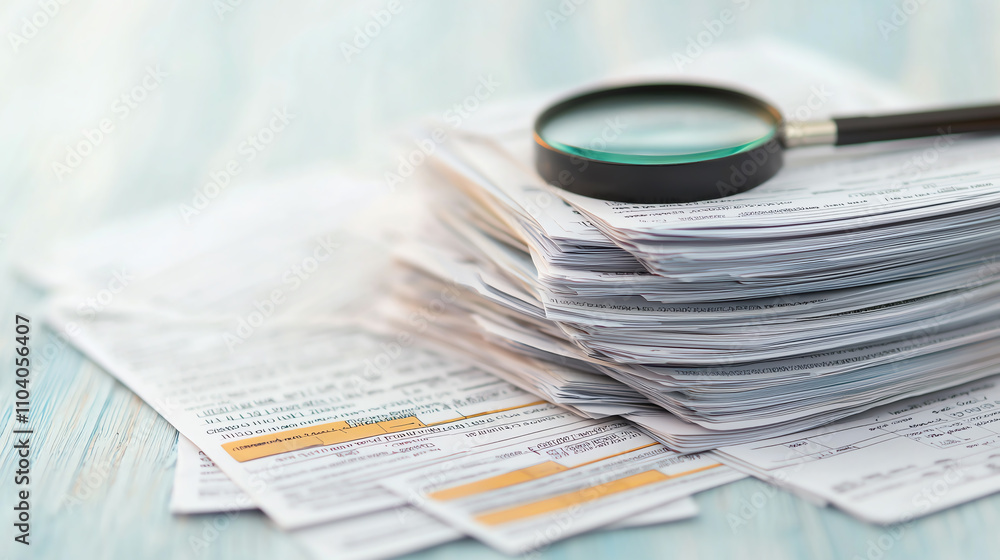 Stack of receipts and tax forms with magnifying glass on top ...