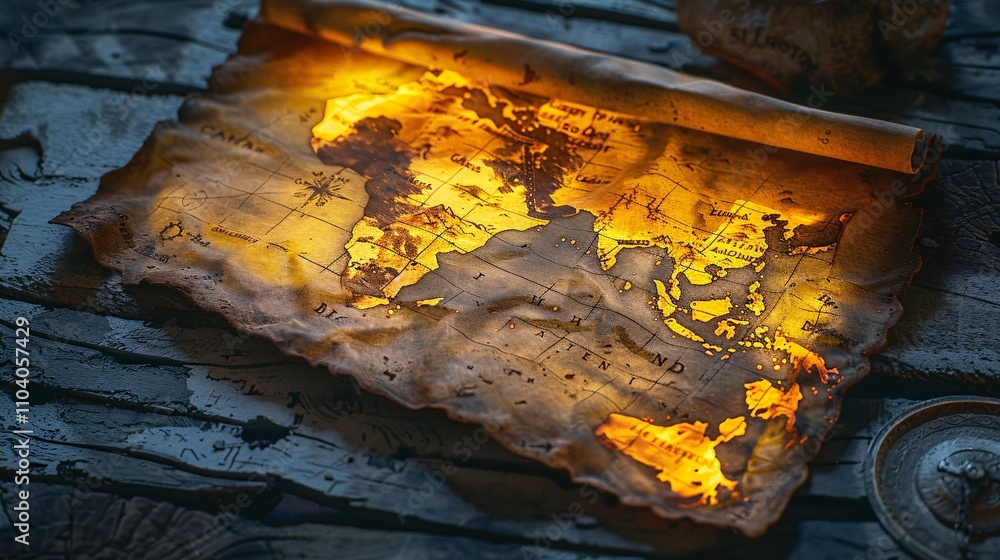 Antique treasure map of the world on aged parchment with golden details ...