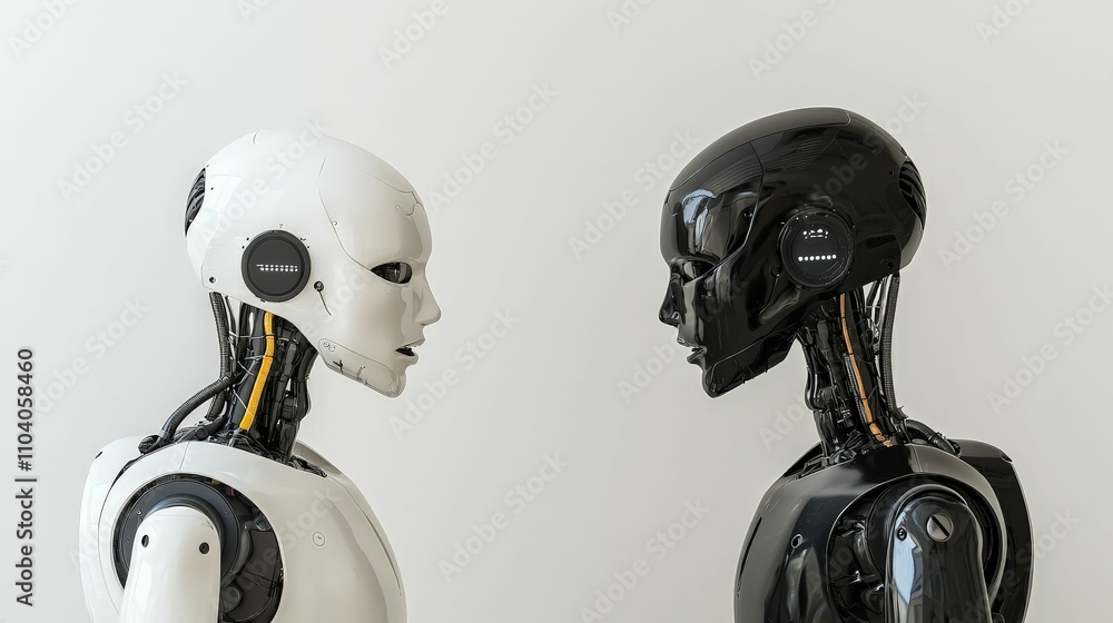 dystopia society concept. Two humanoid robots, one white and one black ...