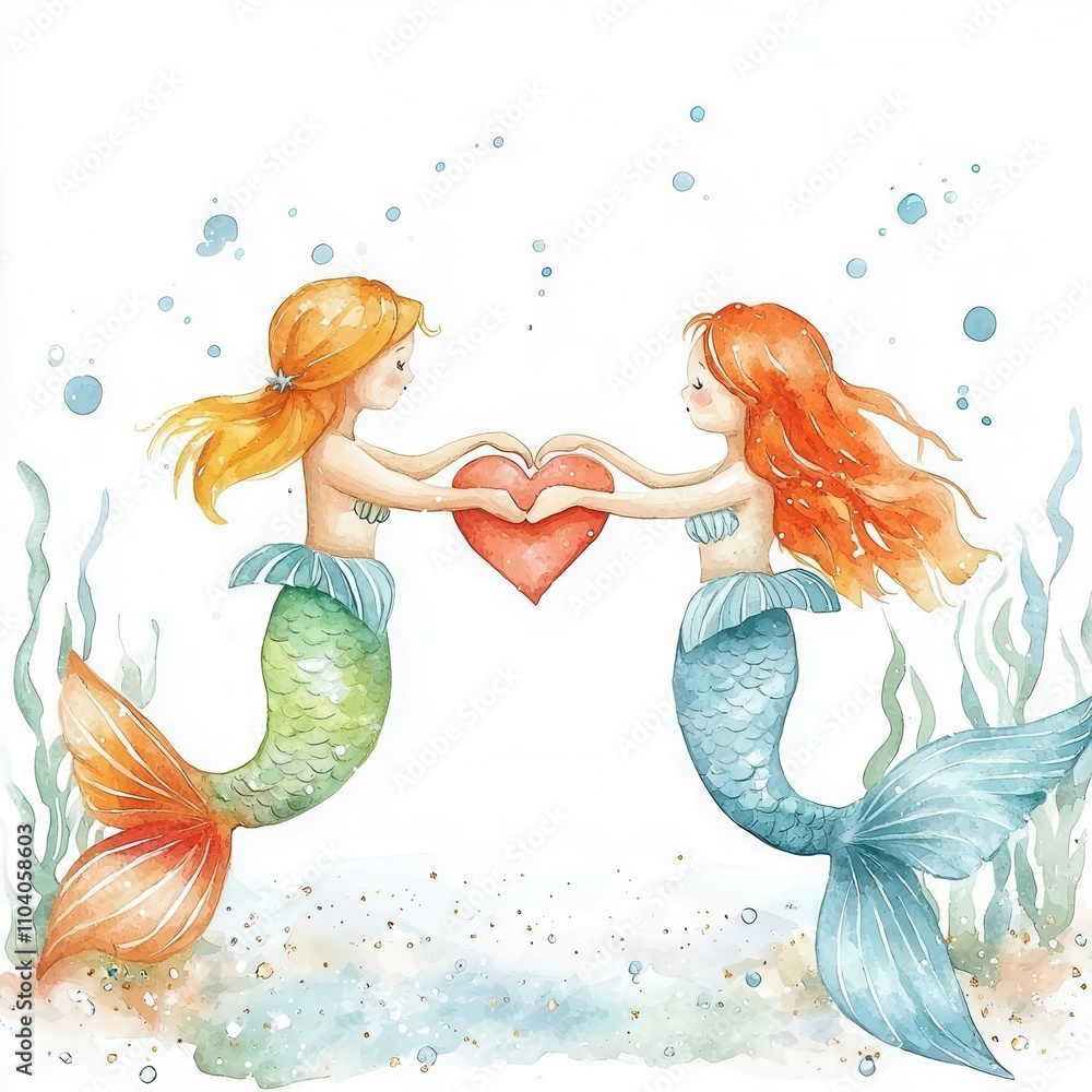 Watercolor illustration clipart of two mermaids forming a heart with ...