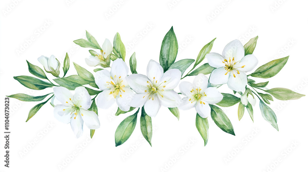Watercolor edelweiss clipart with small white flowers and green leaves ...