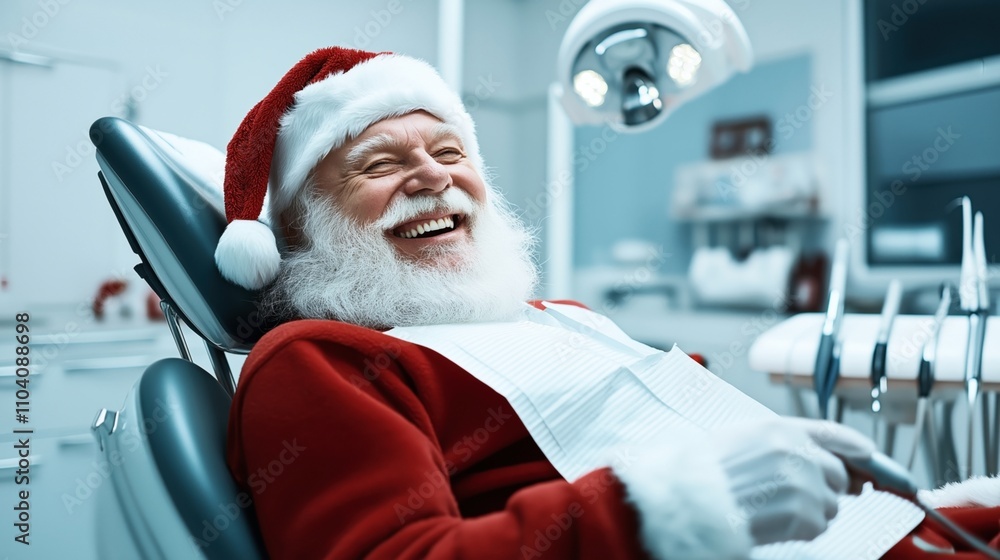 Smiling man in Santa Claus costume sitting in a dental chair with ...