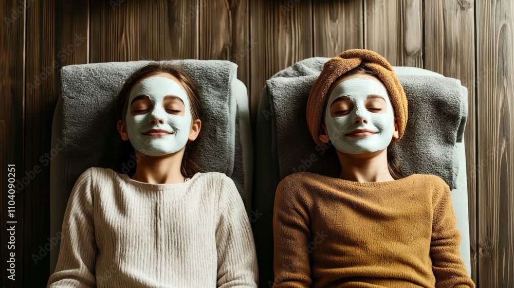 Two young girls relaxing at a spa wearing facial masks, lying on ...
