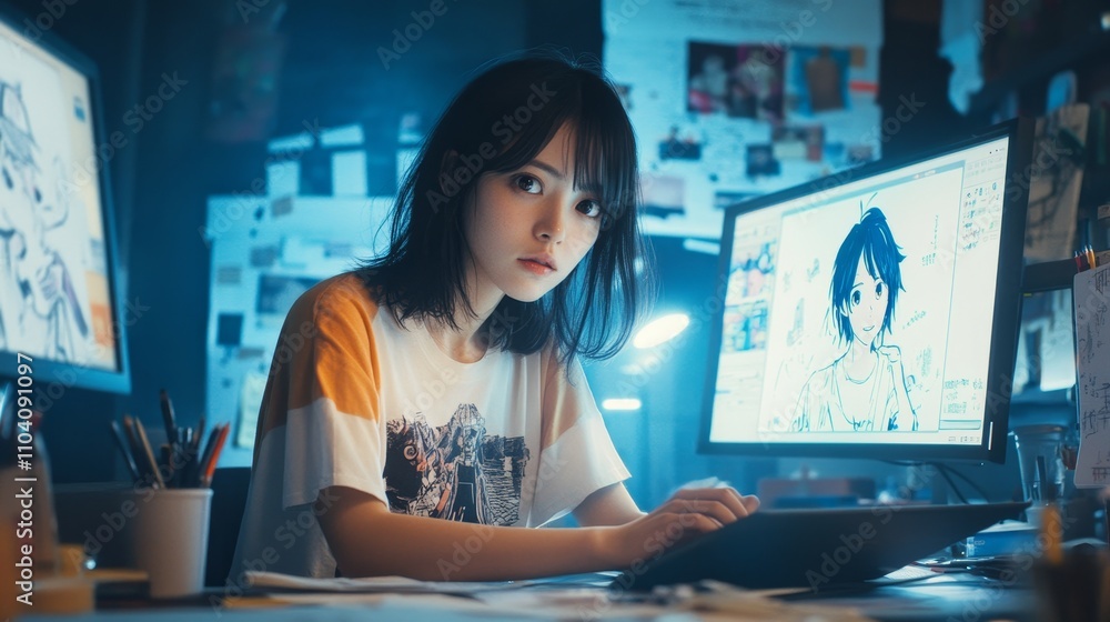 Japanese animator creating character in Osaka studio cinematic portrait ...