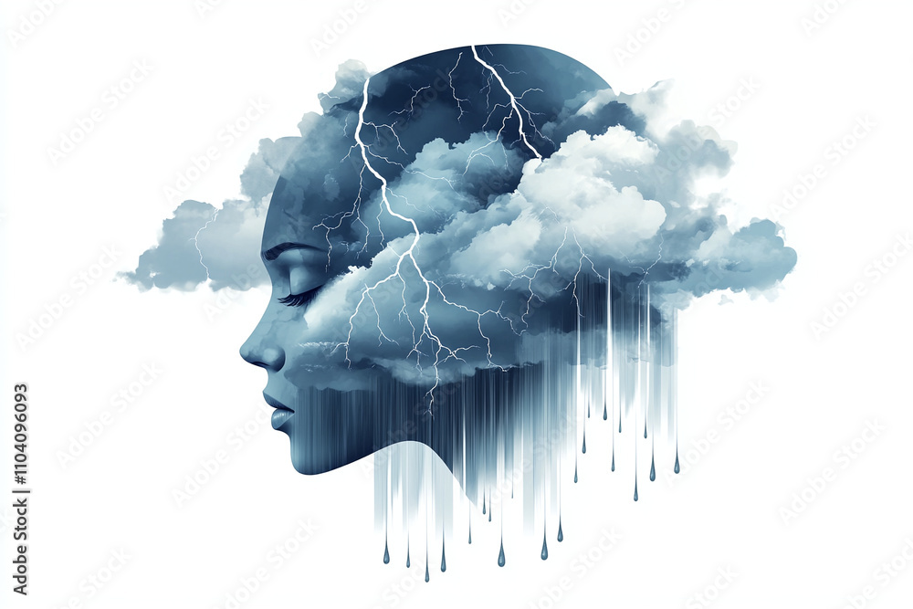 Blue girl face with clouds and rain on white background, blue ...