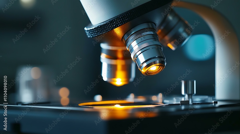 Microscope close-up, showing metal lens texture and clean lab surface ...