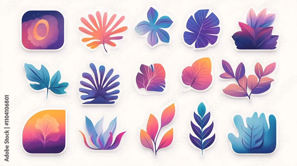 Gradient-themed stickers with layered designs and smooth color ...