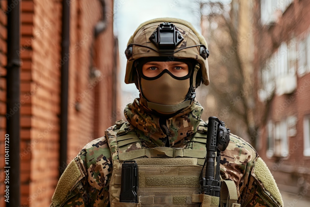 Urban Soldier Standing Guard in Military Uniform, Modern Tactical Gear ...