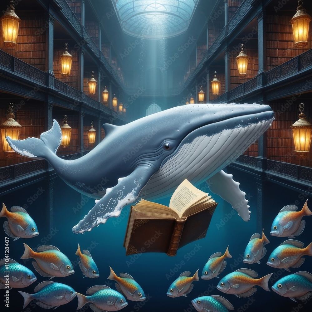 World book day whale floats in a water filled library holding giant ...