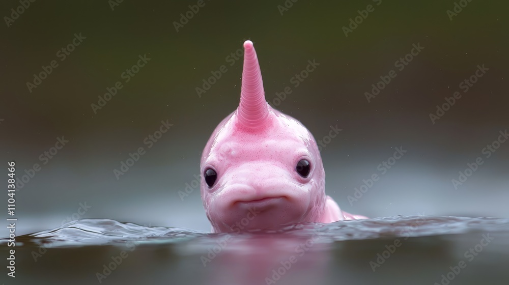 a pink narwhal swimming in the water with its mouth open, its body ...