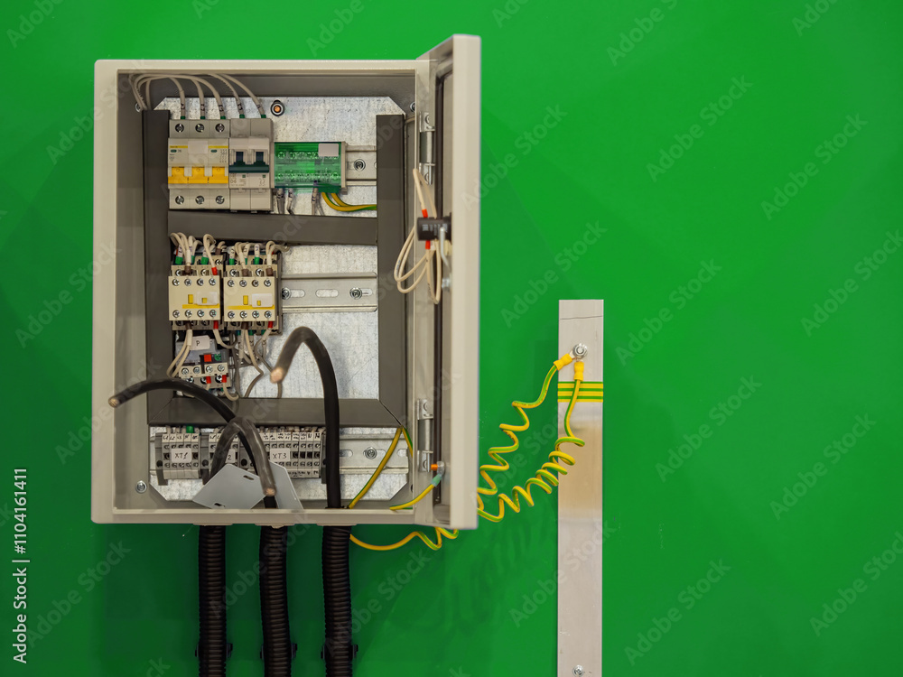 Electrical cabinet on green wall. Power panel with high-voltage ...
