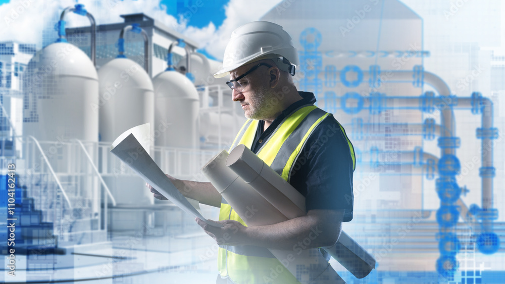 Man industrial engineer. Architect designing factory. Man in designer ...