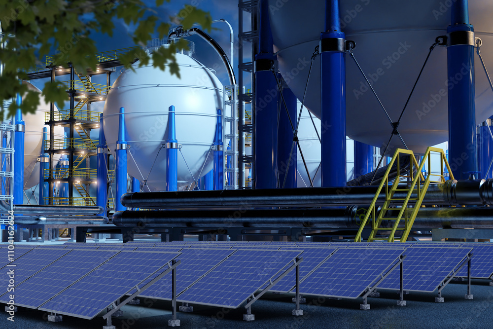 Foto de Stock Solar panels near factory. Energy station on evening ...