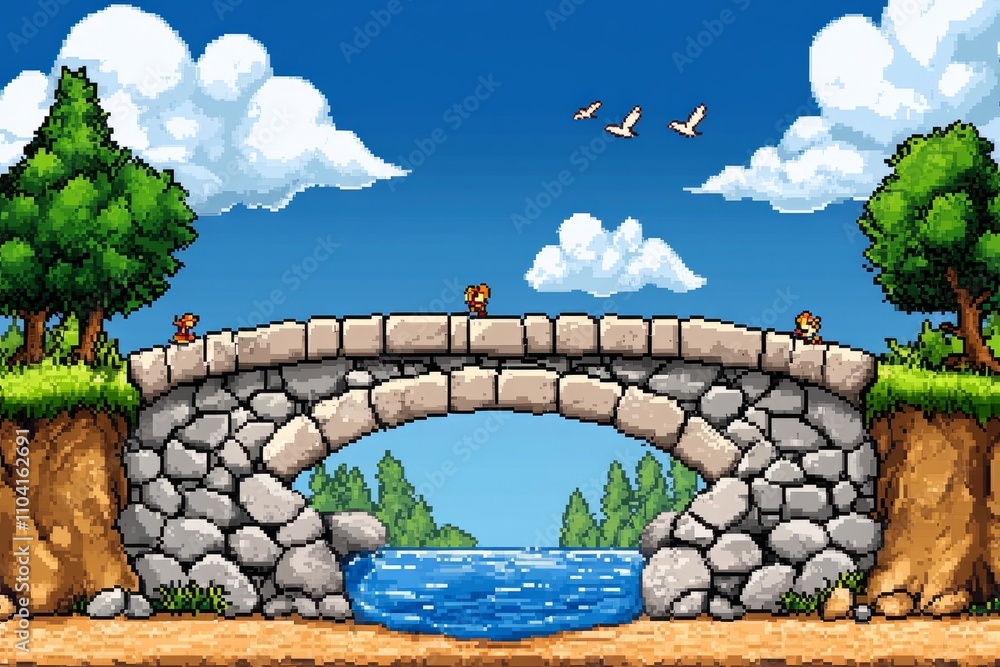 A pixel art depiction of a bridge crossing a pixelated river, with ...