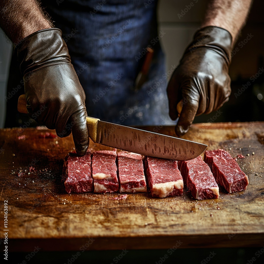 Butcher preparing prime beef cuts in artisan shop culinary arts rustic ...