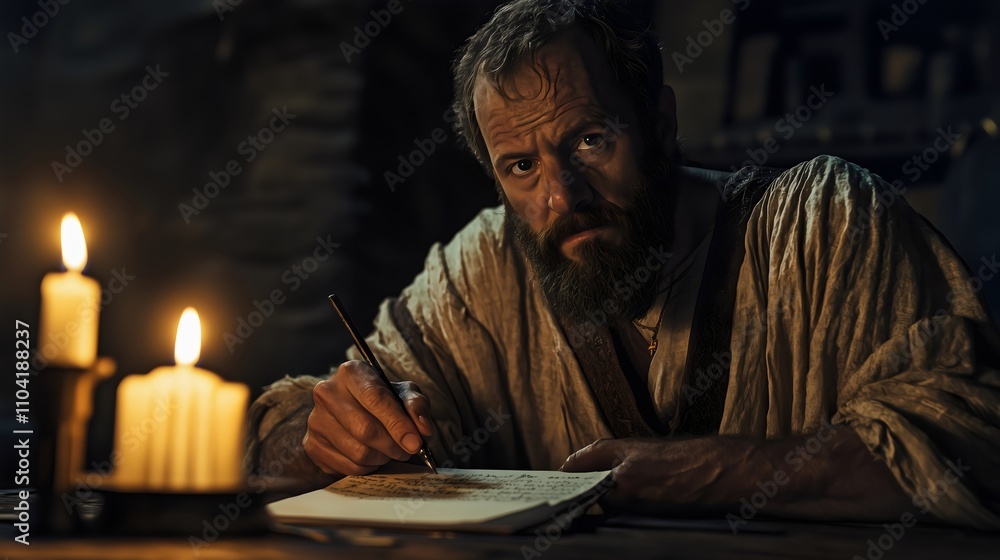 Apostle Paul writing a letter in prison by candlelight, his face ...