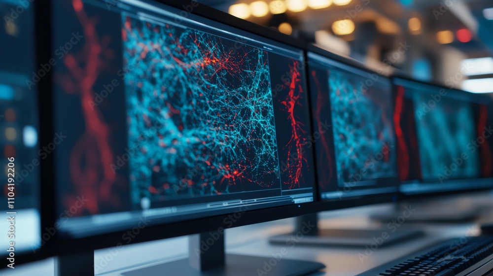 AI-driven cell lineage tracking displayed on a research monitor, cell ...