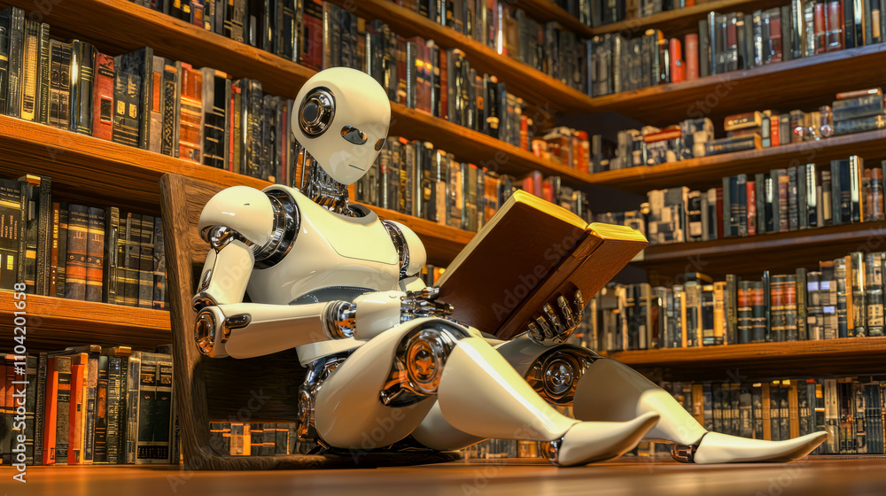 Robot reading a book in a library with extensive bookshelves Stock ...