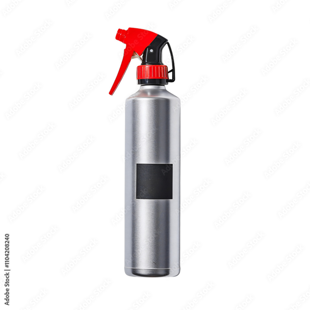 Metallic silver aerosol canister features a bright red spray nozzle and ...