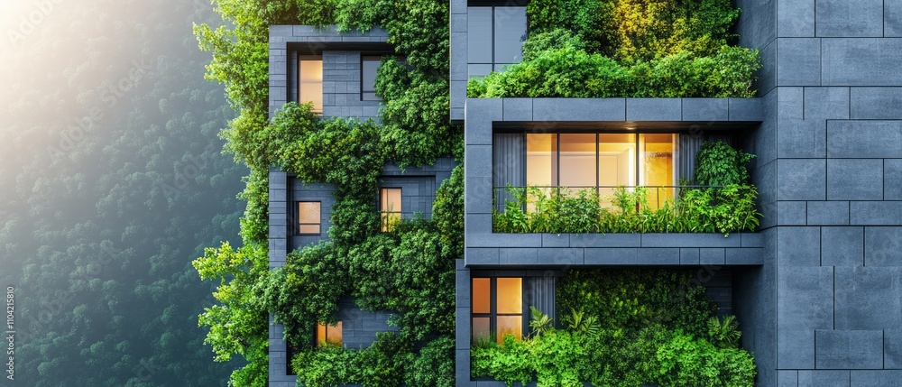A modern eco house features lush vertical gardens enveloping the ...