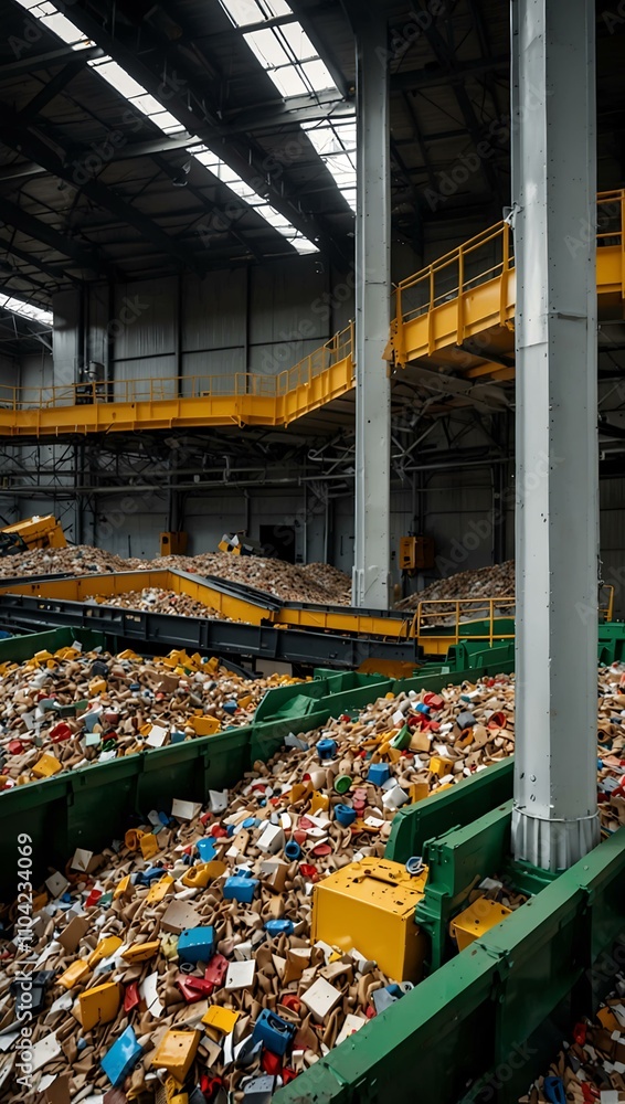 Automated waste management facility with vibrant sorting robots. Stock ...