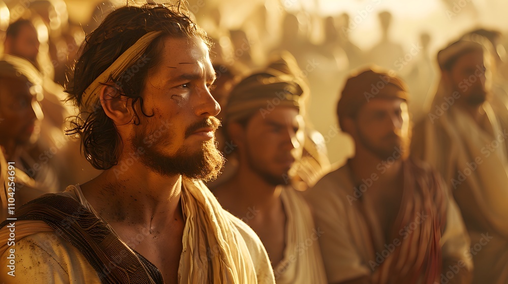 Jesus standing with a gentle expression, the healed man rising ...