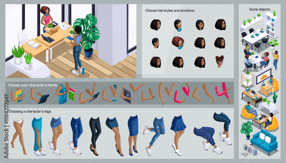 Isometric Black WoMan characters constructor for design. Use Separate ...