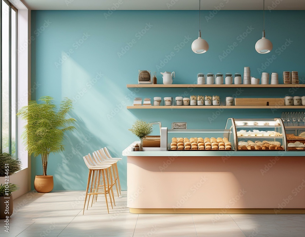 realistic 3d render cafe interior design in pastel minimal style front ...