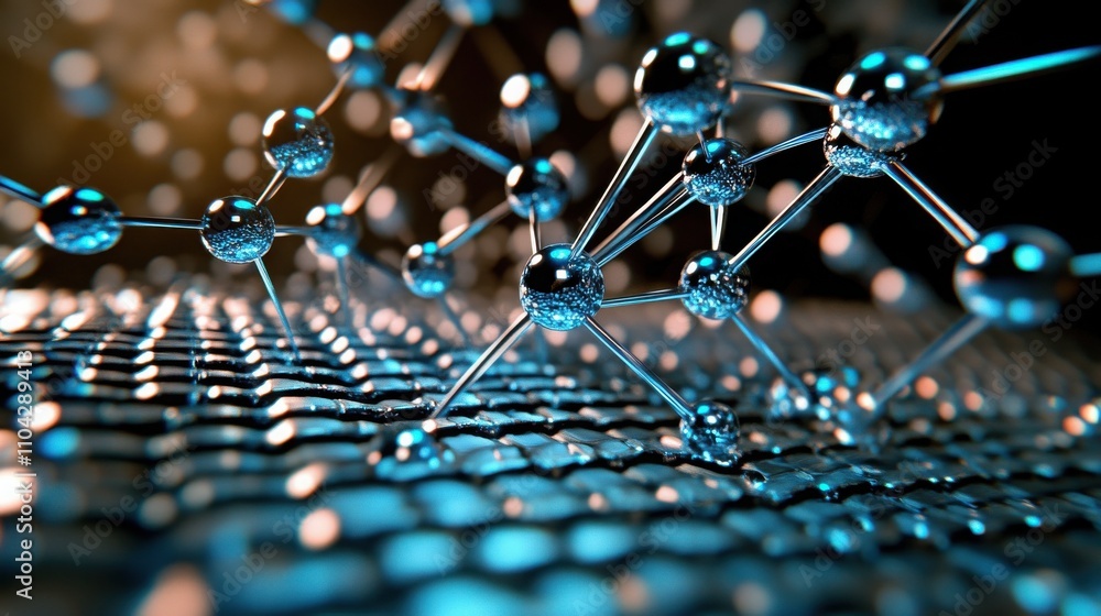 Microscopic view of molecules connecting in a complex network. A ...