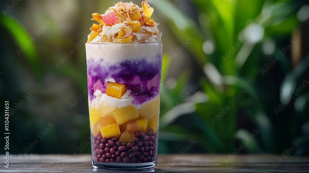 halo-halo in a tall glass, layered with shaved ice, leche flan, ube ice ...