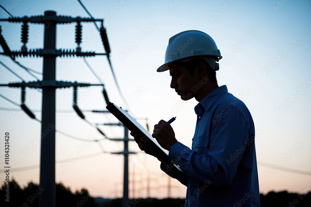 tower power station engineer. male engineer in a hard hat with a tablet ...