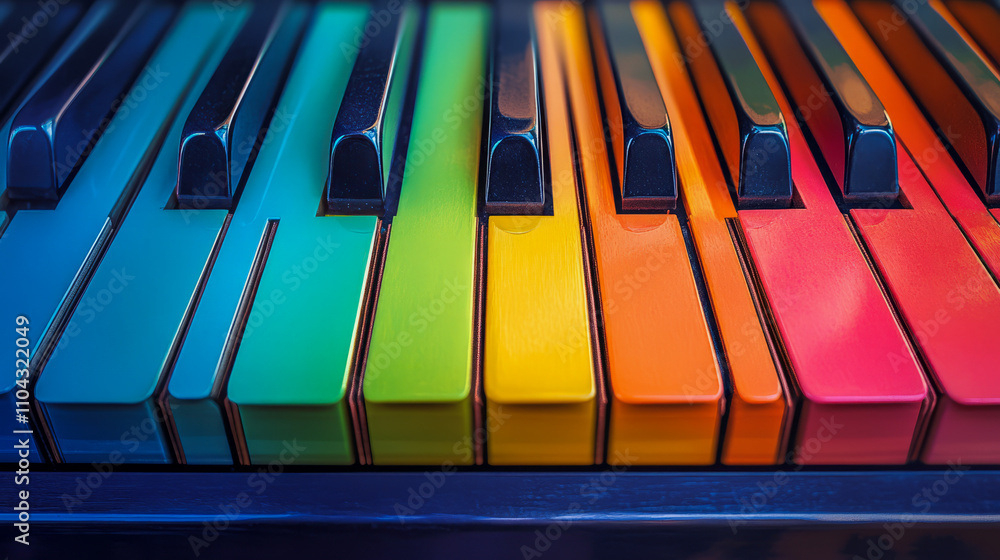 Rainbow-colored piano keys illuminated in vibrant spectrum display ...
