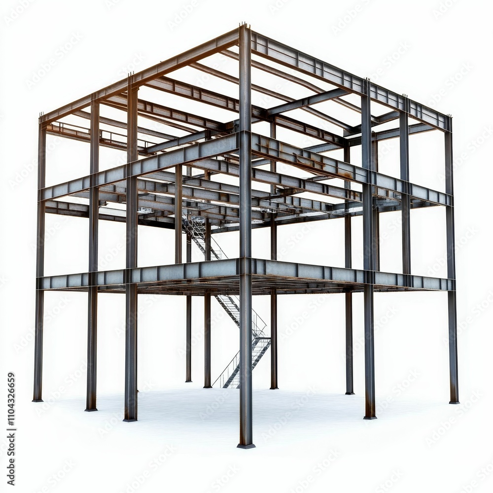 Steel building frame, two stories, metal staircase. Stock Illustration ...
