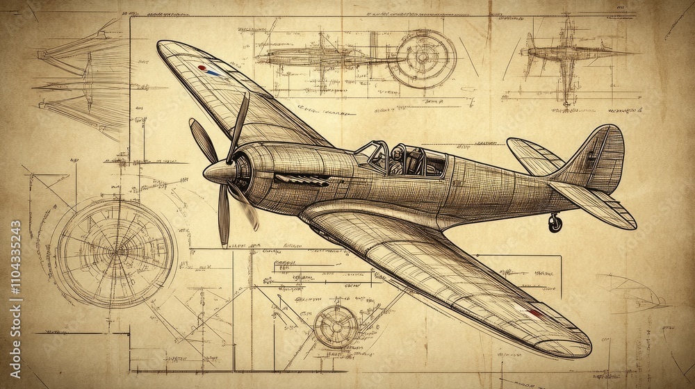 Schematic representation of a Spitfire Fighter Aircraft in detailed ...