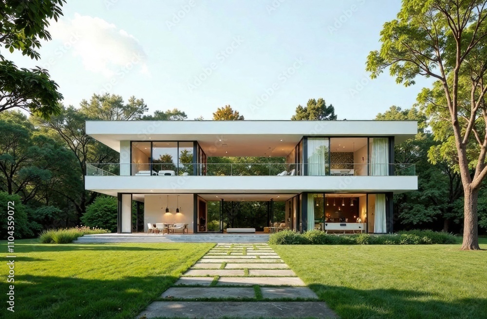Elegant contemporary architecture features large windows and open ...